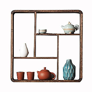 PIBM Stylish Simplicity Shelf Wall Mounted Floating Rack Shelves Solid Wood Retro Lattice Back Hook Multi-Layer Multifunction Environmental Protection, Brown , 56x12x56cm