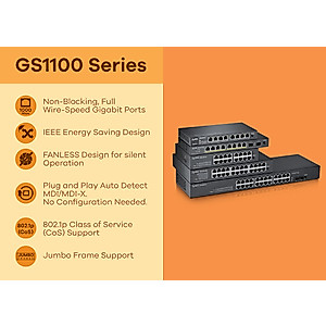 Zyxel 16-Port Gigabit Ethernet Unmanaged Switch - Fanless Design [GS1100-16]