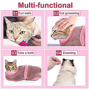 Patelai 5 Pcs Cat Bathing Bag Set Cat Grooming Bag Adjustable Pet Shower Net Bag Muzzles Nail Clipper Tick Remover Tool Massage Brush (Pink)