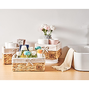 QH & Garden Hand-Woven Water Hyacinth Storage Baskets for Organizing,Decorative Square Wicker Basket with Detachable Liner,Natural Seagrass Woven Organizer Baskets for Shelves(set of 3)