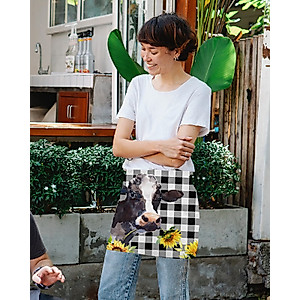 RisQiten Farm Cow Waitress Apron for Women/Men with 3 Pockets, Farmhouse Sunflower Black amd White Plaid Server Aprons Waterproof Kitchen Cooking Half Waist Apron