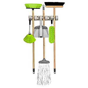 Simplify Compartments, Mop, 5 Position with 6 Hooks Holds up to 11 Tools, Solutions for Broom Holders, Garage Storage Systems, Wall mountable, White