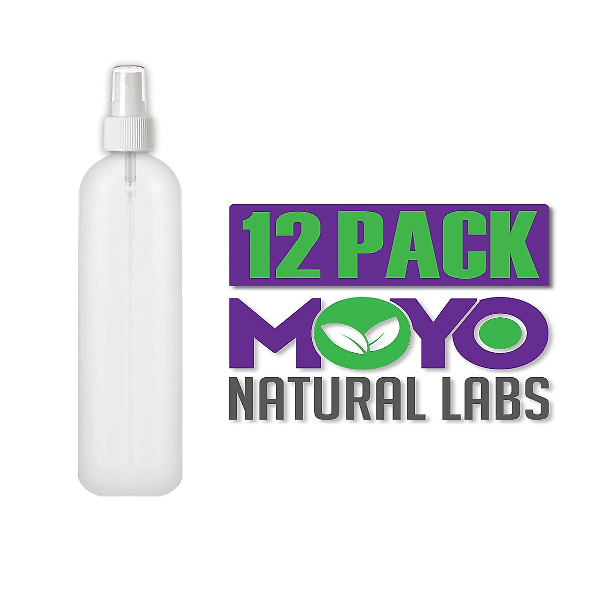 MoYo Natural Labs 4 oz Spray Bottles Fine Mist Empty Travel Containers, BPA Free HDPE Plastic for Essential Oils and Liquids/Cosmetics (Neck 20-410) (Pack of 12, Translucent HDPE Bottle White Spray)