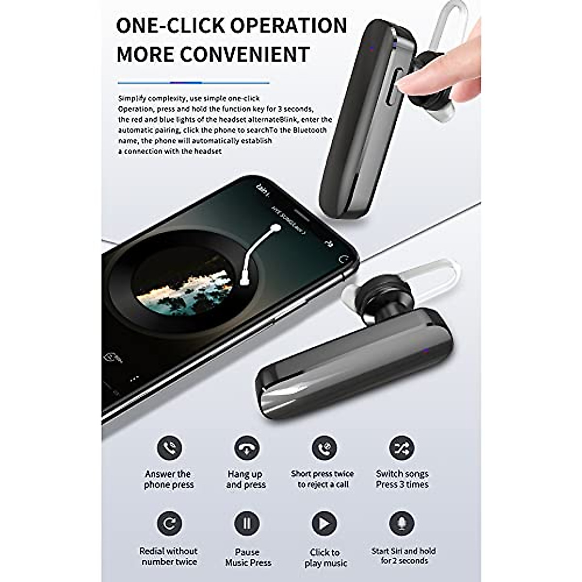 Heave 1Pc Bluetooth Earpiece Wireless Bluetooth V5.0 Headset,Single Ear Hook Bluetooth Earphone Handsfree Phone Headphone with Noise Cancelling Mic for Business Driving White