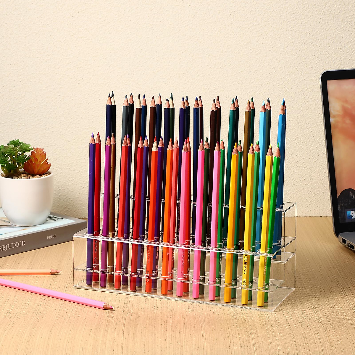 Cabilock Plastic Pencil Holder Clear Acrylic Brush Display Pen Stand: Pen Holder Pen Organizers for Colored Pencils Paint Makeups Cosmetic Brush 48 Hole Pen Organizing Rack