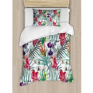 Ambesonne Floral Duvet Cover Set, Watercolored Tropical Exotic Foliage Vibrant Color Palette Hawaiian Summer Season, Decorative 2 Piece Bedding Set with 1 Pillow Sham, Twin Size, Sage Green
