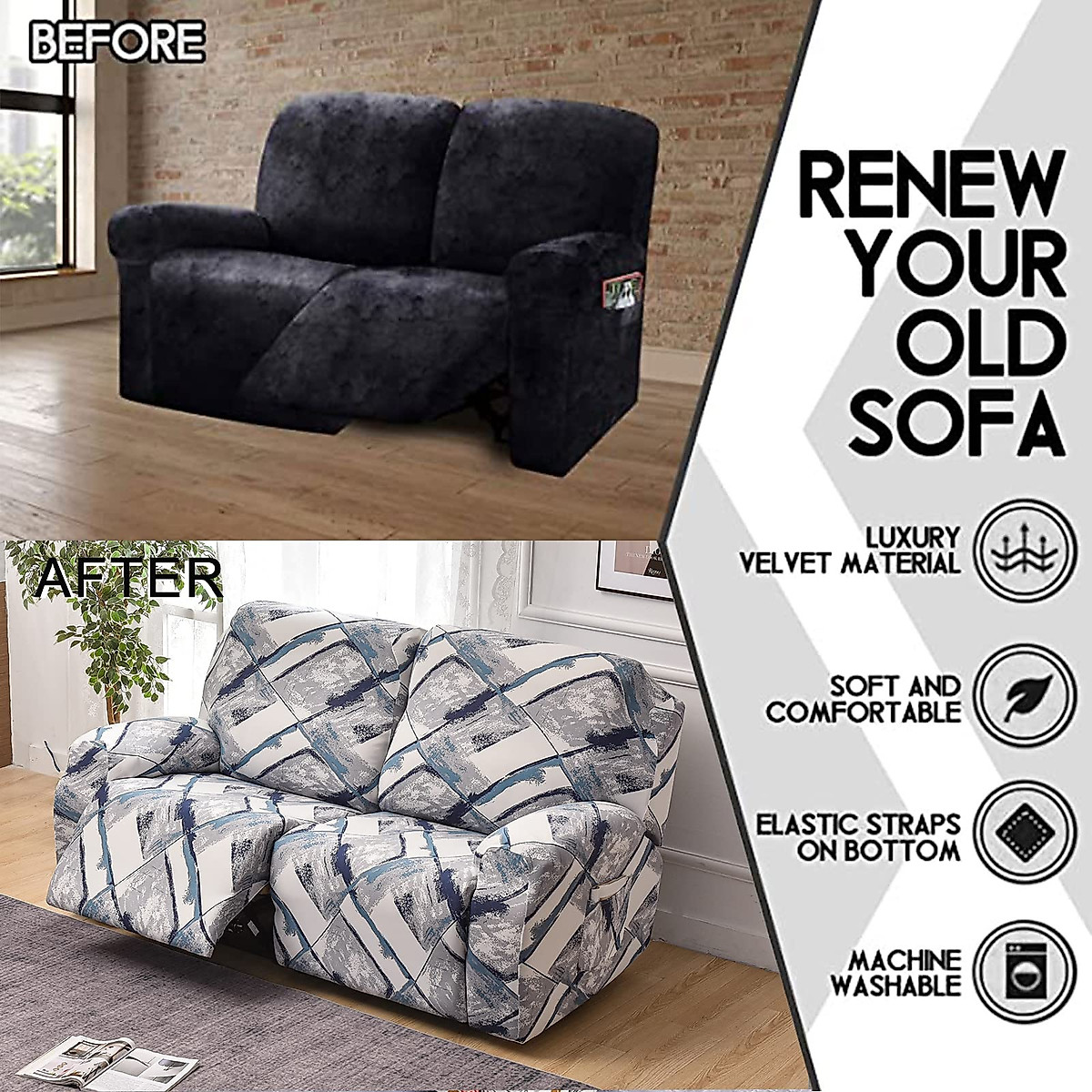 CRFATOP Stretch Recliner Loveseat Slipcover with Pockets 6 Pieces Dual Sectional Recliner Sofa Covers for 2 Seat Reclining Loveseat Couch Cover Washable Furniture Protector for Kids,11