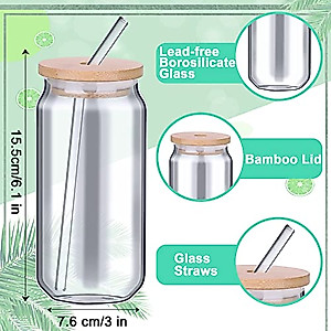 Beer Can Glass with Bamboo Lids and Straw 16 oz Drinking Glasses Can Tumbler Clear Glass Cups Reusable Beer Can Shaped High Borosilicate Glass Great for Smoothies, Tea, Cola, Juice,Soda (4pack)