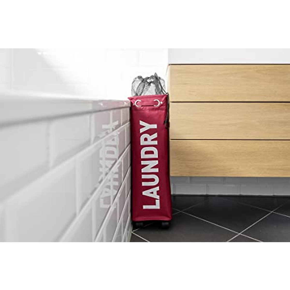 Red Laundry Basket Corno - thin Laundry Hamper with wheels - small space laundry bin - narrow hamper, laundry collector, laundry basket with wheels