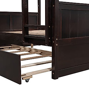 Merax Full Bunk Bed with Twin Size Trundle, No Box Spring Needed, Full/Full, Espresso