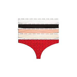 Calvin Klein Women's Signature Cotton Logo Stretch Thong Panties, 5-Pack, Star Stamp Exact/Tapioca/Gentle/Black/White, X-Small