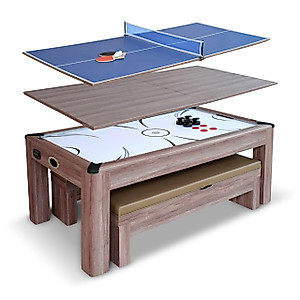 Hathaway Driftwood 7 Ft Air Hockey Table for Home Game Room - with Table Tennis Top, Dining Surface, Electronic Scorer, Two Storage Benches, High-Output Blower, Strikers & Pucks - Driftwood Finish