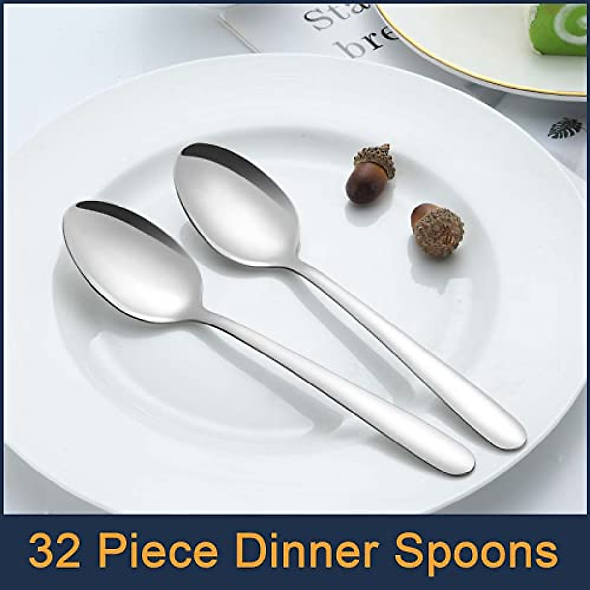32 Piece Dinner Spoons Set, APEO 8 Inch Spoons, Silverware Spoons Only, Stainless Steel Spoon, Mirror Polished, Table Spoons for Eating, Home, Kitchen, Restaurant, Dishwasher Safe