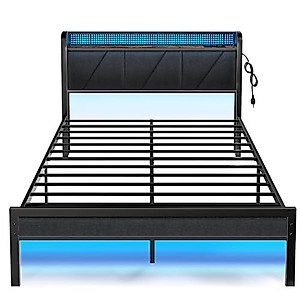Furnulem Queen Size Bed Frame with LED Lights,Upholstered Storage Headboard with Charging Station and USB Port, Platform Bedframe Queen No Box Spring Needed, Noise Free
