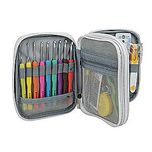 Katech Crochet Hooks Case Empty Zipper Bags Portable Travel Crochet Storage Bag Organizer with Web Pocket and Crochet Holder Slots for Carrying Various Crochets Needles (Pink)