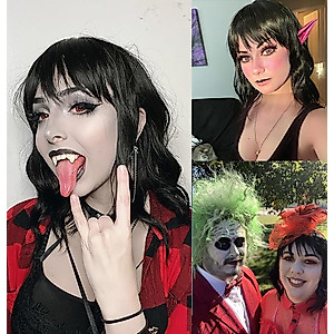 Elfairy Black Wig with Bangs Wig for Women 12in Short Bob Wavy Curly Wig Natural Black Hair Wigs Heat Resistant Hair Replacement Wigs(12'' Natural Black 1B)