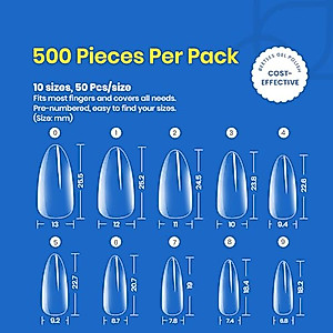Beetles Gel Nail Kit Soft 500Pcs Medium Almond Pre Shaped Clear Full Cover False Nails for Gel Art Polish Soak Off Lamp Easy Nail Extensions Acrylic Fake Nails False Press on Nail Tips