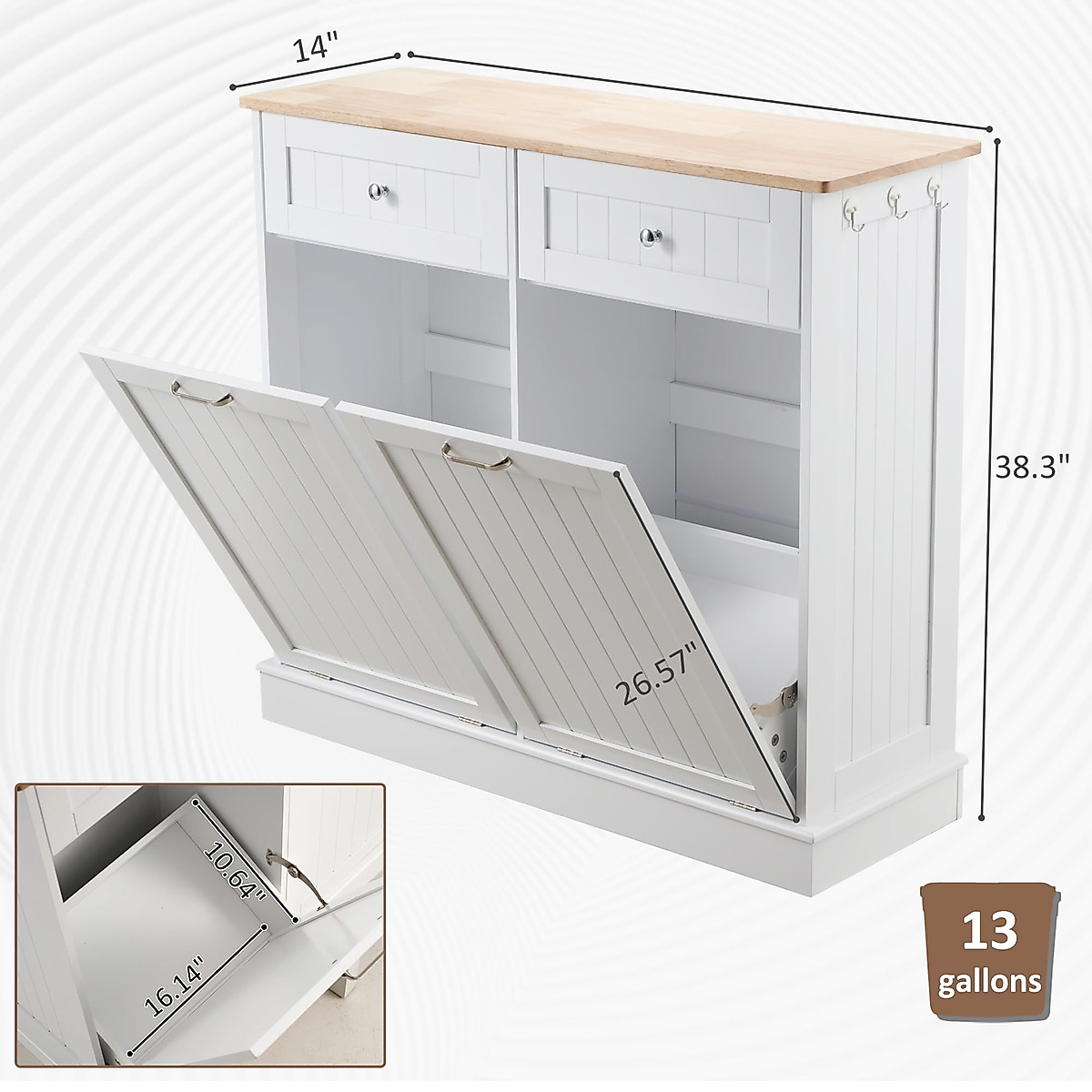 OUTGUAVA Double Tilt Out Trash Cabinet Free Standing Recycling Trash Cabinet with Hideaway Drawers, 2x13 Gallons Pet Proof Trash Can Cabinet for Kitchen Living Room (White)