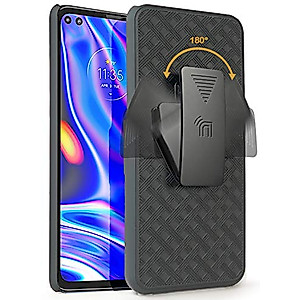 Case with Clip for Moto One 5G, Nakedcellphone [Black Tread] Kickstand Cover with [Rotating/Ratchet] Belt Hip Holster Combo for Motorola Moto One 5G Phone (XT2075)