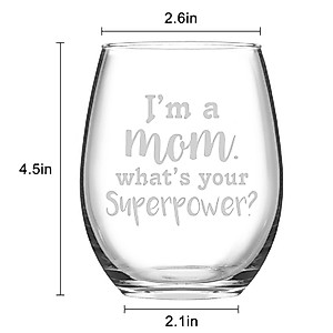 Gtmileo Mom Wine Glass - Funny I'm a Mom What's Your Superpower Stemless Wine Glass, Unique Mother's Day Gift for Mom, New Mom, Mama, Women, Gag Gift Idea for Mother's Day, Birthday, Christmas, 15Oz