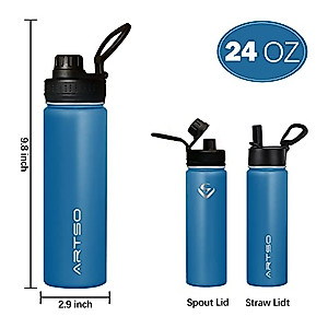 ARTSO 24oz Stainless Steel Insulated Water Bottle with Straw & Two Lids,Double Walled Vacuum Insulated Leak Proof Hot Cold Water Bottles, Cobalt
