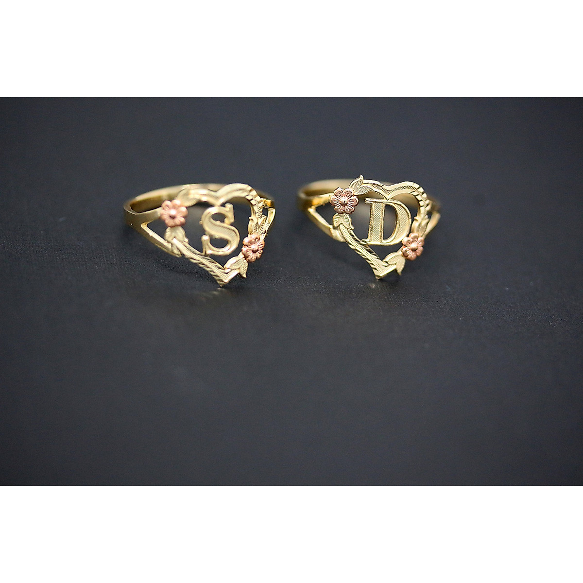 CaliRoseJewelry 10k Two-Tone Initial Alphabet Personalized Heart Ring in Yellow and Rose Gold (Size 4) - Letter G