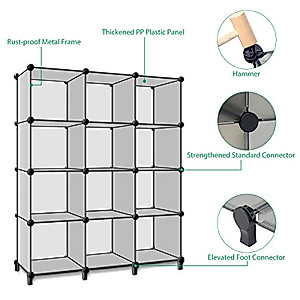 TomCare Cube Storage Organizer 12-Cube Closet Storage Shelves Cube Organizer Cube Shelf Storage Cubes Plastic Bookshelf Bookcase DIY Square Closet Cabinet Organizers Shelves for Bedroom Office, Grey