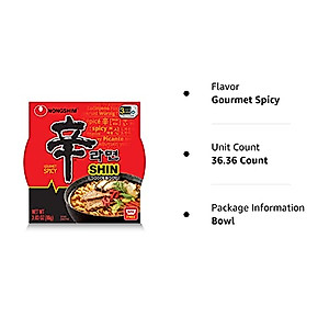 Nongshim Gourmet Spicy Shin Noodle Soup Bowl, 12 Pack, Microwaveable Ramyun Soup Noodles, No MSG Added