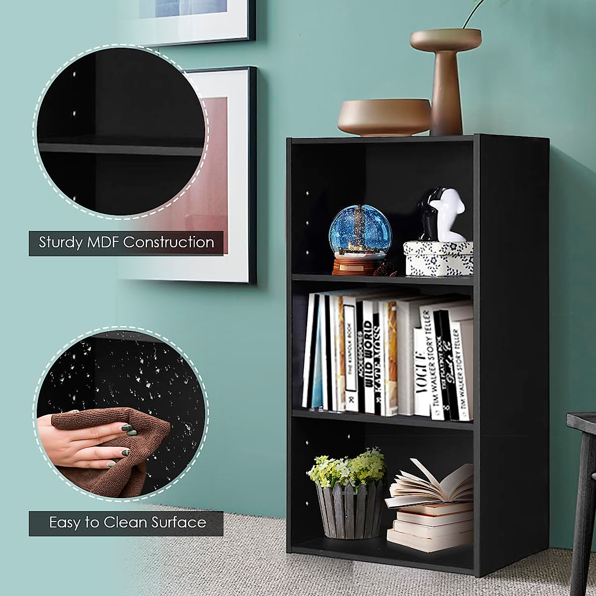 Giantex 2 Pieces 3 Shelf Bookcase Book Shelves Open Storage Cabinet Multi-Functional Home Office Bedroom Furniture Display Bookcases, Black