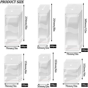 600 Pieces Self-Sealing Bag with Hang Hole 6 Sizes Clear Hanging Bags Resealable Cellophane Bags Clear Adhesive Plastic Bags for Packaging Jewelry Necklaces
