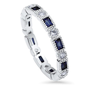 BERRICLE Sterling Silver Art Deco Wedding Rings Simulated Blue Sapphire Milgrain Bezel Set Cubic Zirconia CZ Anniversary Eternity Ring for Women, Rhodium Plated Size 5