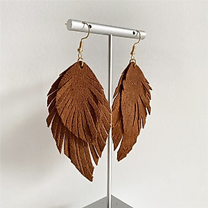 JIUIQL Handmade Bohemian Large Soft Genuine Leather Fringe Double Feather Lightweight Color PU Leaf Drop Dangle Earrings for Women Fashion Jewelry Gifts (Brown)