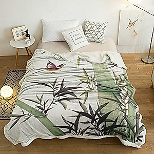 Sherpa Fleece Throw Blanket Washable Warm Couch Throws Asian Bamboo Soft Fuzzy Plush Blankets Comfy for Home Bed Sofa Dorm Spring Natural Plant Plum Blossom Ink 39x49 Inches