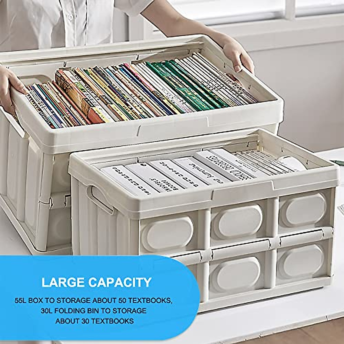 Folding Storage Bin with MDF Lid, 30L Storage Box Container Stackable Shelf Baskets Cloth Closet Car Organizers Outdoor Picnic Transport Box Toy Clothes Books Holder Plastic Collapsible Tote Crate