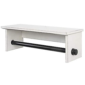 MyGift Wall Mounted Vintage White Wood Bathroom Display Shelf with Black Metal Industrial Pipe Towel Bar, Kitchen Paper Towel Holder