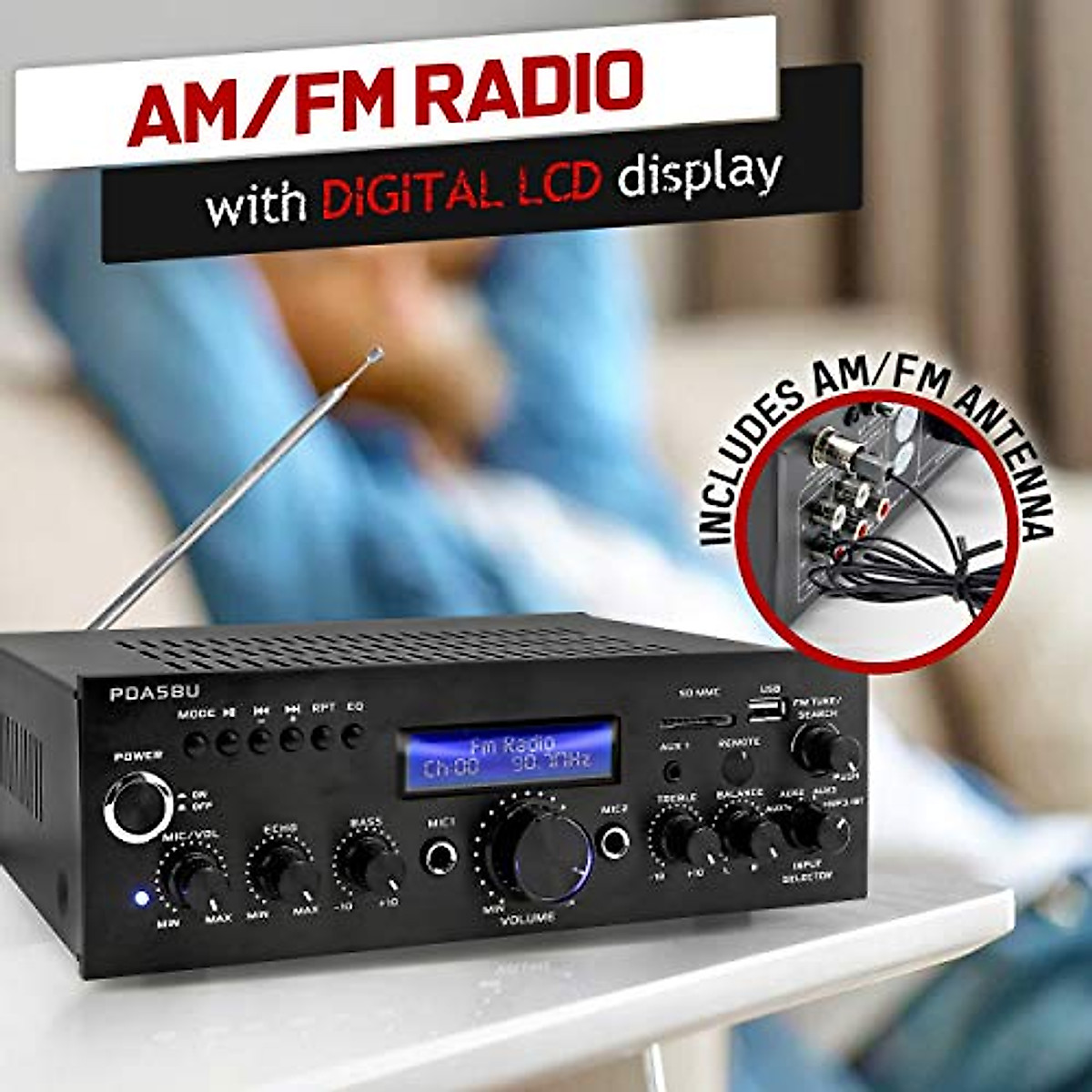 Pyle Wireless Bluetooth Power Amplifier-200 Watt Audio Stereo Receiver w/USB Port, AUX in, FM Radio, 2 Karaoke Microphone Input, Remote-Home Entertainment System, Black, 10.5" x 8.8" x 2.8" (PDA5BU)