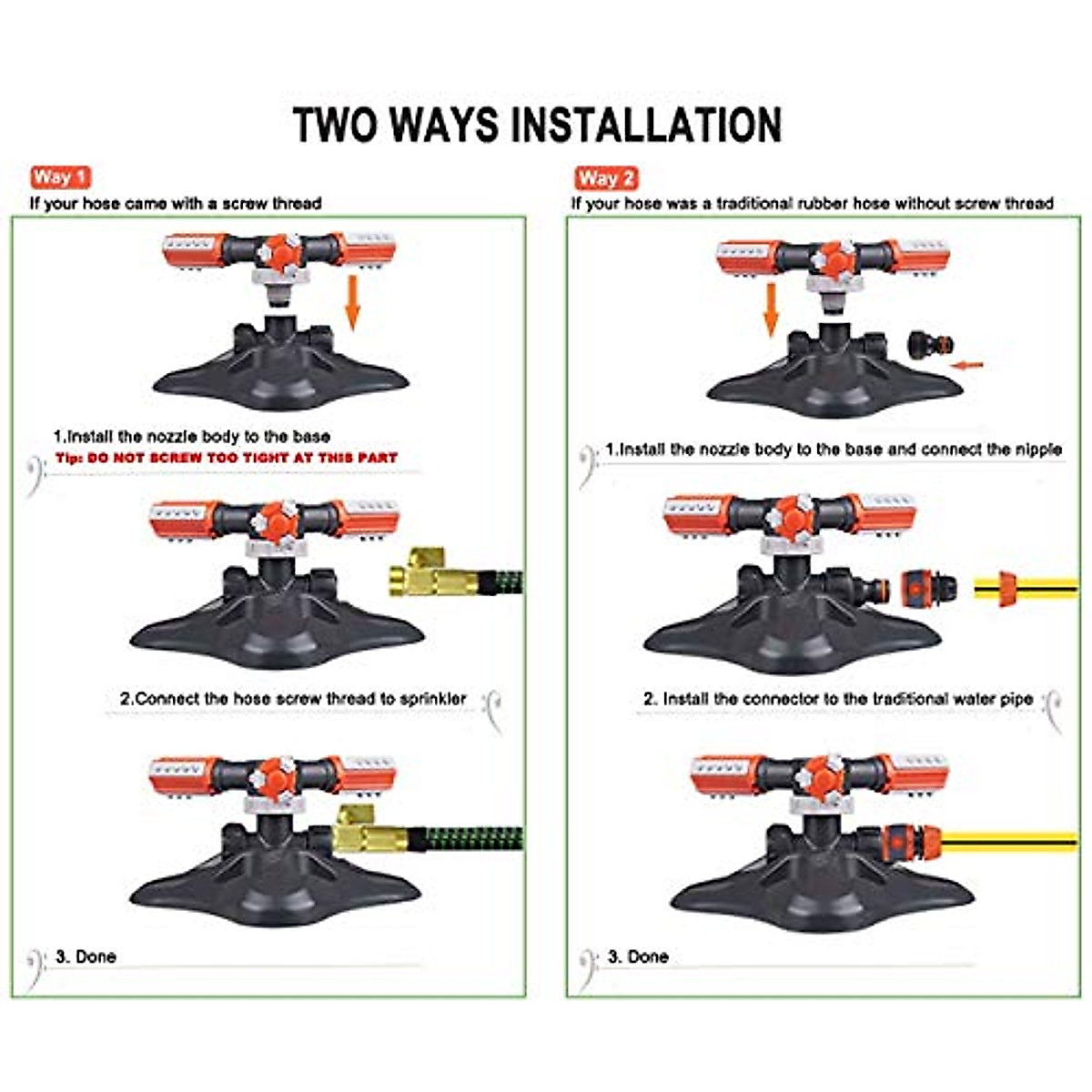 WOVUU Lawn Sprinkler,Upgrade Garden Sprinkler Automatic 360 Degree Rotating Irrigation Grass Water Sprinkler System, Garden Hose Sprinkler for Yard/Built in 36 Units Angle Spray Nozzles (Orange)