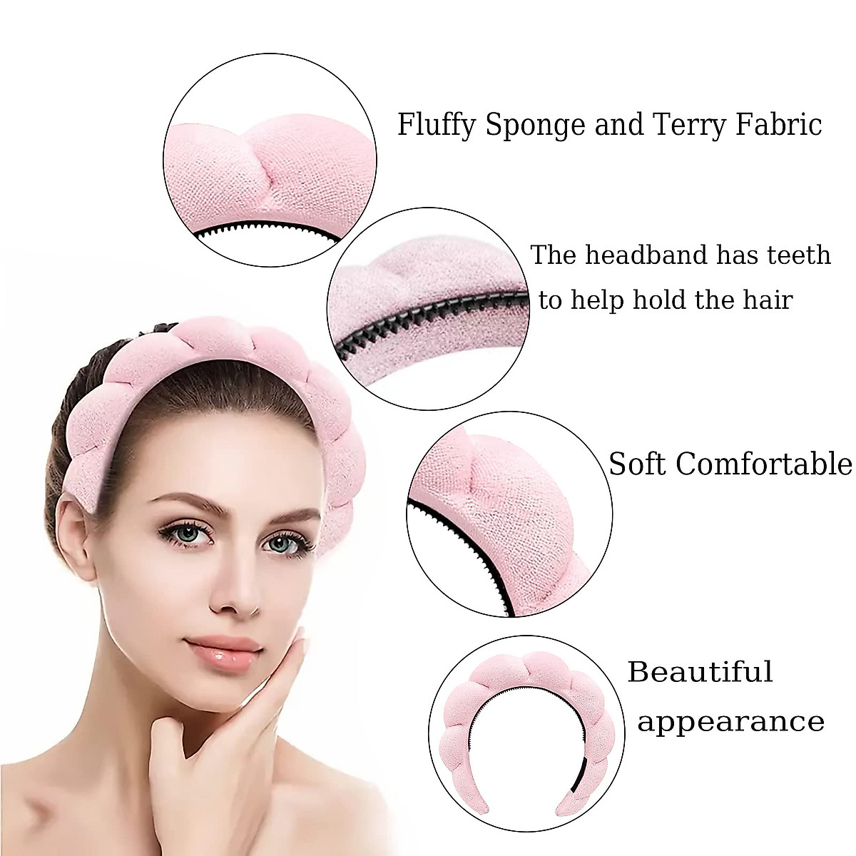 VNIHTT Bubble Makeup Headband for Washing Face Cute Pink Towel Sponge Spa Skincare Headbands Soft Fluffy Hairband for Women Girls with Wrist Towels for Wash Face and Make Up Powder Puff