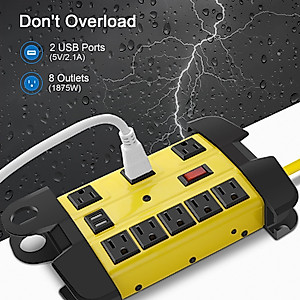 CCCEI Heavy Duty Power Strip with USB, Workshop 8 Outlet Surge Protector 2700 Joules, Industrial Metal 15Amp Power Strip, 6FT Extension Cord and Wide Spaced, Yellow