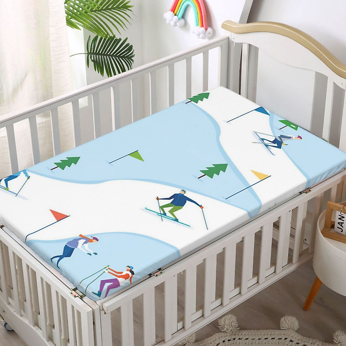 Ski Pattern Themed Fitted Crib Sheet,Standard Crib Mattress Fitted Sheet Ultra Soft Material -Baby Sheet for Boys Girls,52 x 28 Inch,Baby Blue and Multicolor