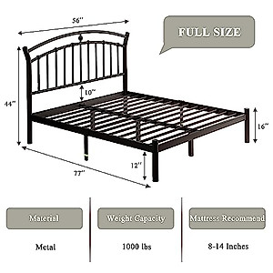 Feonase Full Size Metal Platform Bed Frame with Retro Headboard, Hardened Steel Tube, 12" Under-Bed Storage, No Box Spring Needed, Easy Assembly, Black
