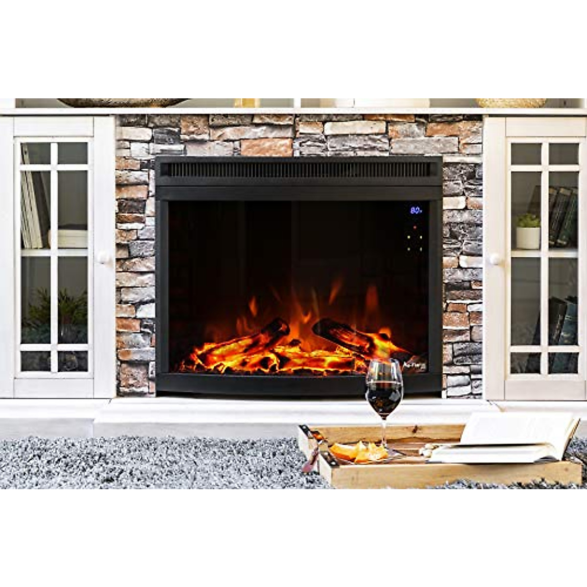 e-Flame USA Edmonton 28-inch Curved LED Electric Fireplace Stove Insert with Remote - 3-D Log and Fire Effect