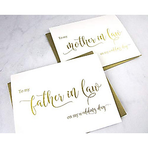 Set of 2 Gold Foil Wedding Day Cards with Gold Shimmer Envelopes, To My Mother in Law on my Wedding Day Card, To My Father in Law on my Wedding Day Card