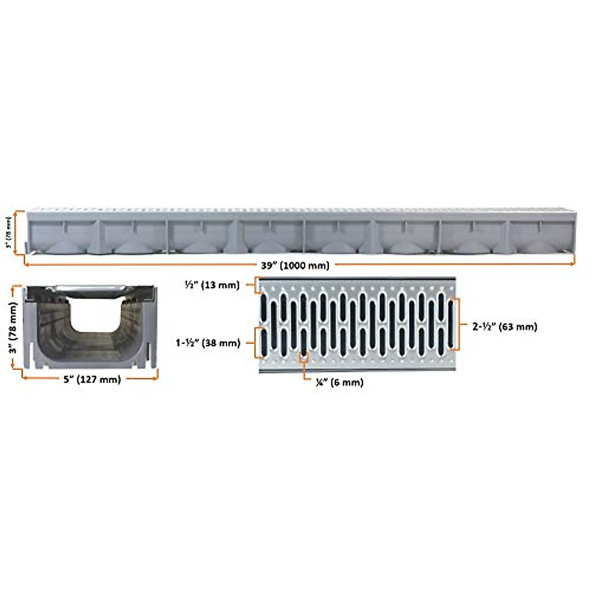 Drainage Trench - Channel Drain With Galvanized Steel Grate - 3 x 39" - (117" Total Length)