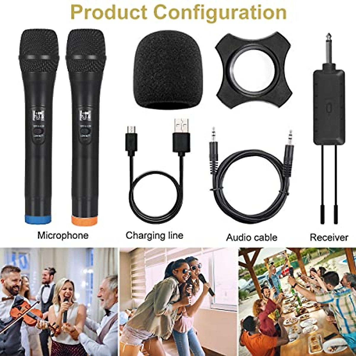 ALPOWL Wireless Microphone, UHF Dual Cordless Dynamic Mic System,Handheld Karaoke Microphone with Rechargeable Receiver(Auto Connect,200 ft Range) for Singing, Church, Speech, Wedding, Party