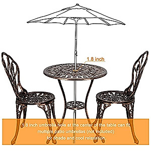 KINWELL Bronze 3-Piece Aluminum Round Outdoor Bistro Set with Umbrella Hole, Rust-Resistant Cast Aluminum Patio Set with Garden Table and Chairs