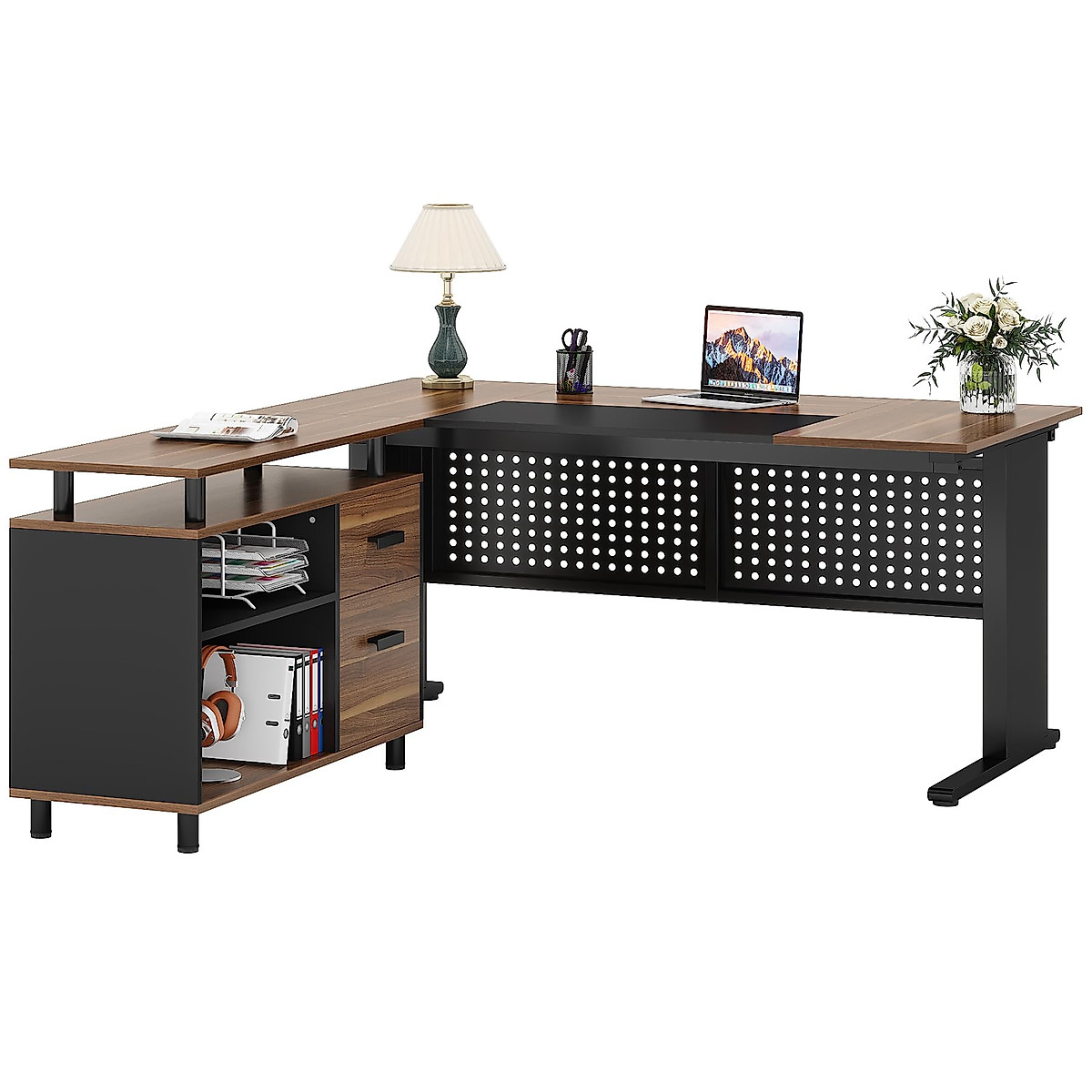 Tribesigns 63 Inch Executive Desk with File Cabinet, Large Office Desk L Shaped Computer Desk with Drawers and Storage Shelves, Business Furniture Desk Workstation for Home Office, Brown and Black