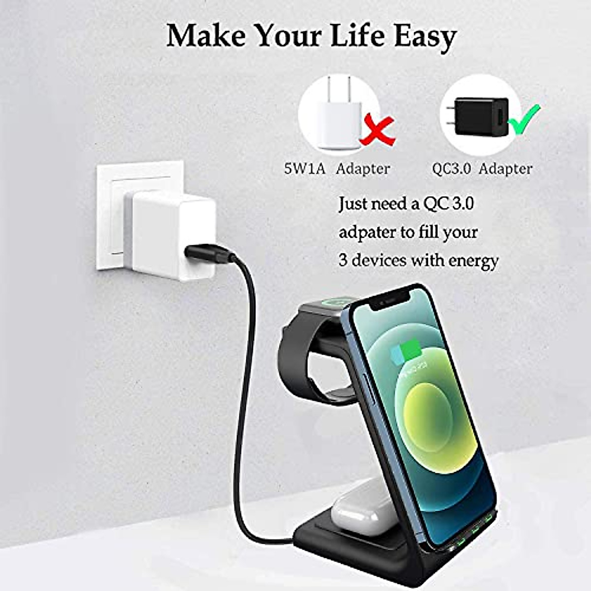 Wireless Charging Station, 3 in 1 Wireless Charger Stand Compatible for iPhone 14 Pro Max/14 Pro/14 Plus/13/12/11/XR/X/8, Fast Charging Dock for iWatch Series Ultra/8/7/SE/6/5/4/3/2 AirPods 3/2/Pro