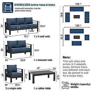 UDPATIO Oversized Aluminum Patio Furniture Set, Modern Metal Outdoor Patio Conversation Sets Patio Sectional Sofa Set with 5 Inch Cushion for Deck, Grey Blue (Include 4 Sofa Covers)