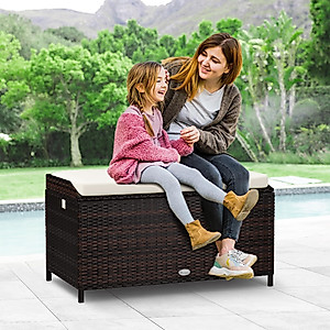 YITAHOME Outdoor Wicker Storage Bench Deck Box, Large PE Rattan Patio Storage Bench w/Covenient Handles and Soft Cushion for Patio, Yard, Lawn, Garden